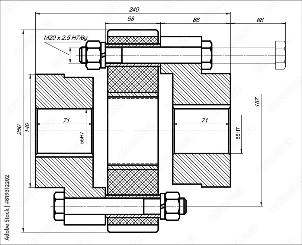 Assembly drawing of coupling. Vector drawing of steel mechanical device ...
