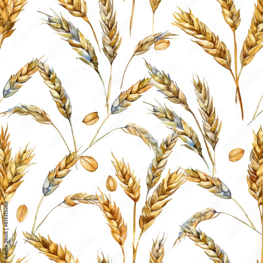 Seamless wheat spikelet pattern. Watercolor herbal background with ...