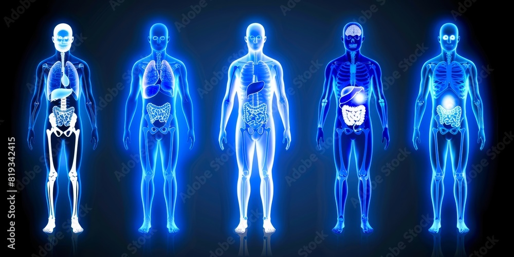 Glowing blue digital human figures highlighting internal organs, ideal ...