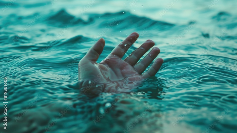 The desperate hand of a drowning person in sea water, quickly needing ...