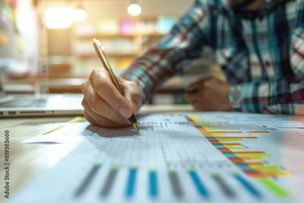 Businessman follow up progress of project work by using weekly gantt ...