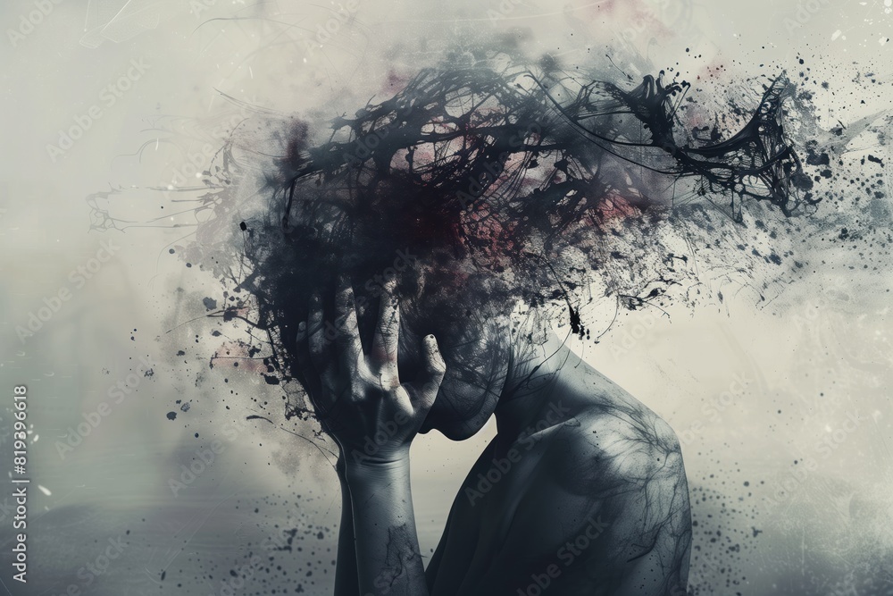 Person with gloomy thoughts, confusion and psychological problems holds ...