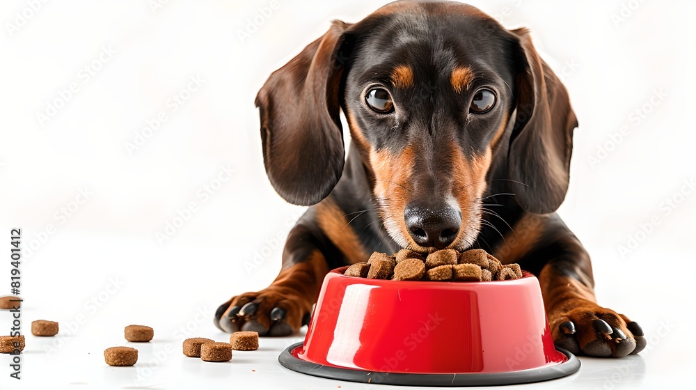 Cute dachshund dog eagerly eating from a red bowl against a white ...