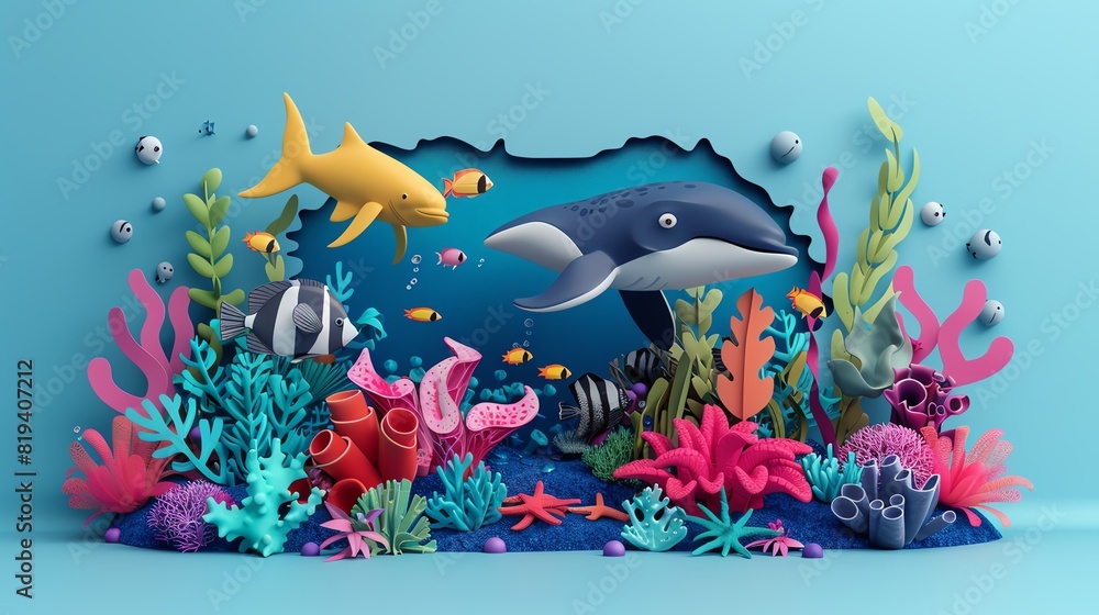 animals flat design front view marine life theme 3D render Split ...