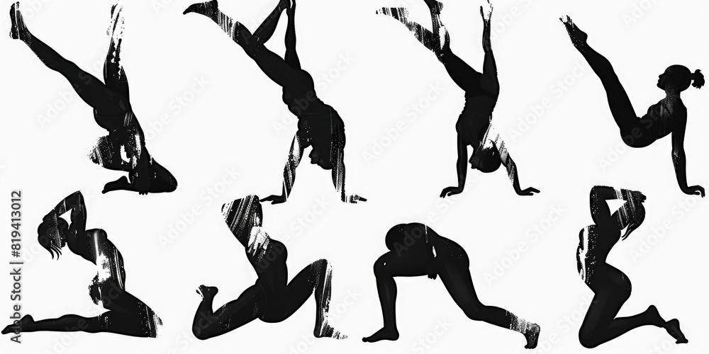 Yoga positions vector drawing, monochrome, black and white, sequence ...
