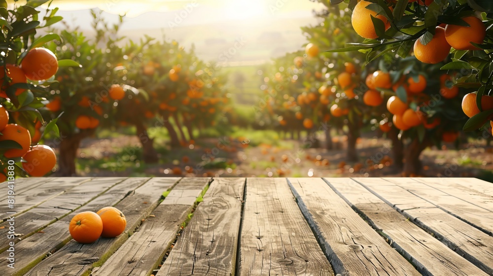 Empty wooden table with free space over orange trees, orange field ...