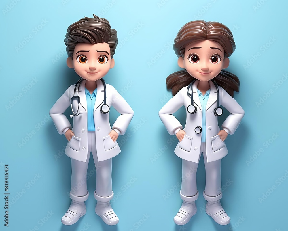 Cartoon boy and girl doctors flat design top view medical theme 3D ...