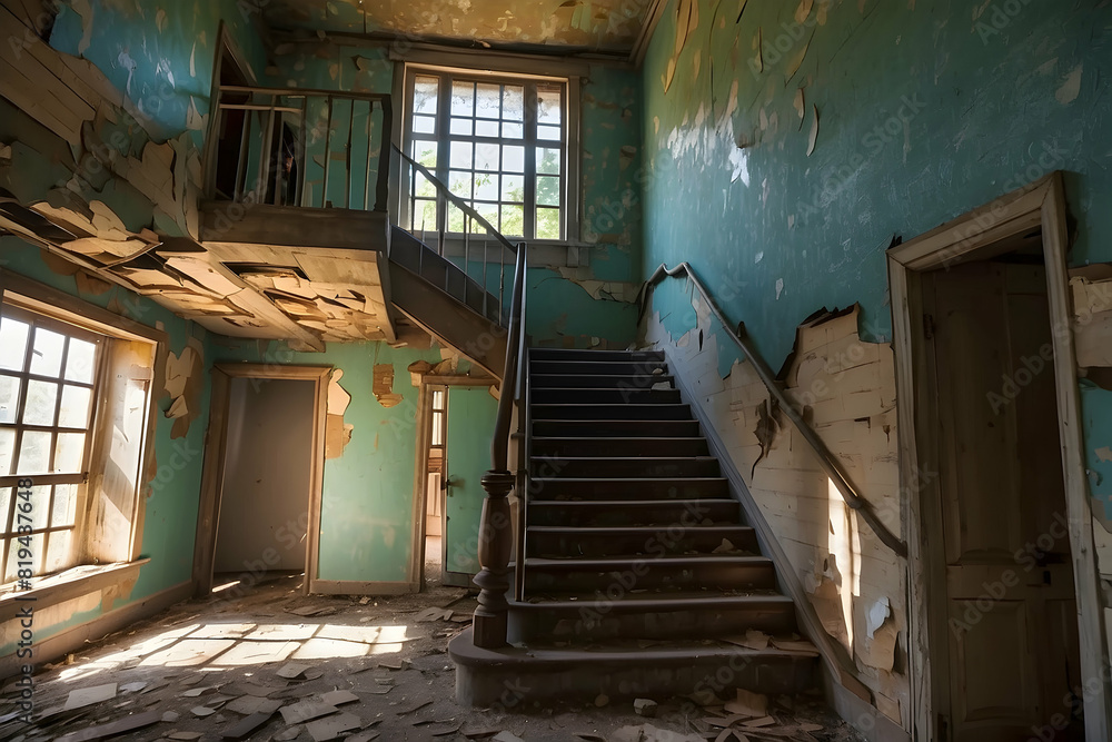 A dilapidated interior of an abandoned building shows peeling paint, debris, and a staircase ...