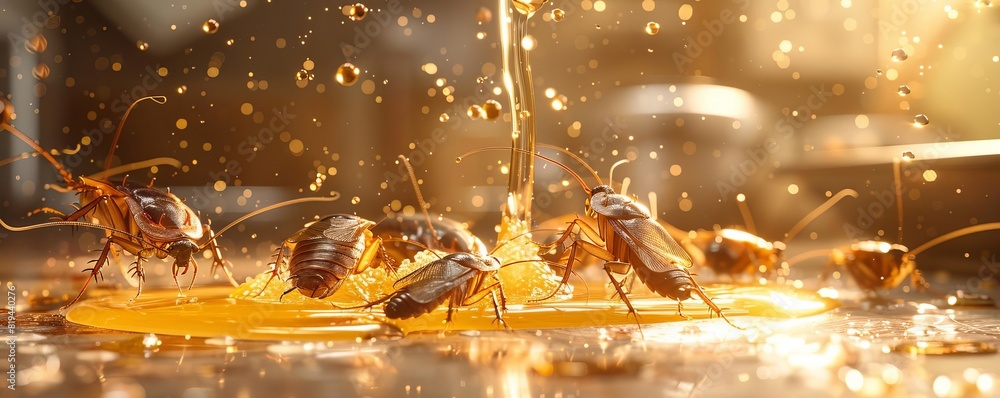 Cockroaches congregating around a drip of honey on an otherwise dirty ...