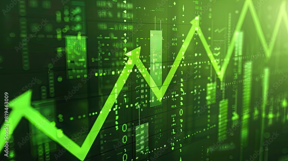 business finance chart . green arrow pointing up on digital green ...
