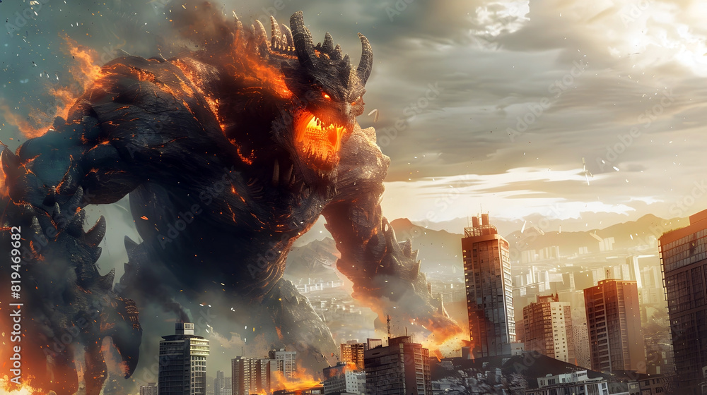 Illustration Stock Towering Horned Abomination Laying Waste to a Modern ...