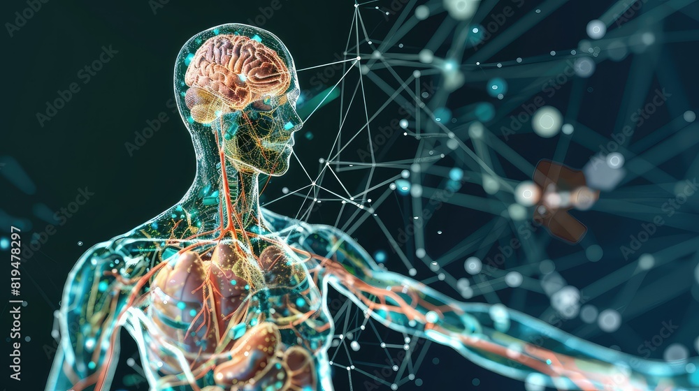 Artistic depiction of the human anatomy intertwined with technological ...