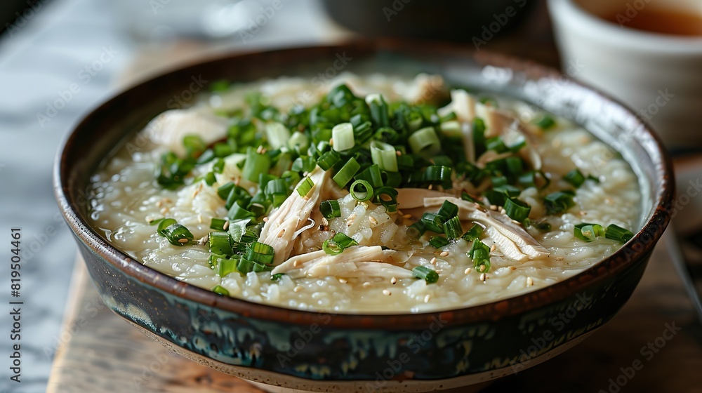 A bowl of rice porridge (congee) with shredded chicken and scallions ...