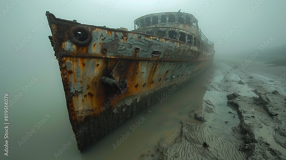 The rusting remains of a ship, with its name barely visible, stuck on a ...