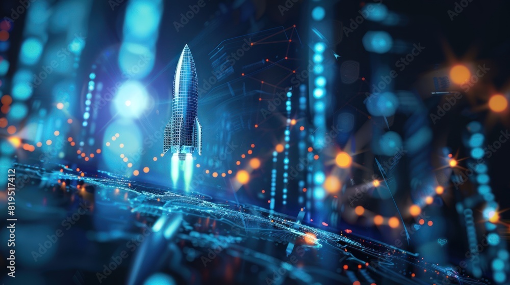 Futuristic blue glowing rocket launching candlesticks chart digital ...