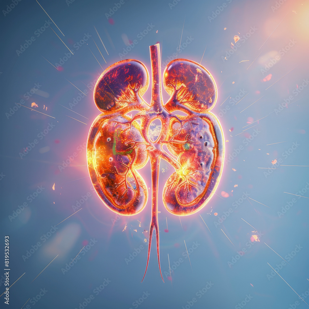 Caption: 3D illustration of a human kidney highlighted with neon ...