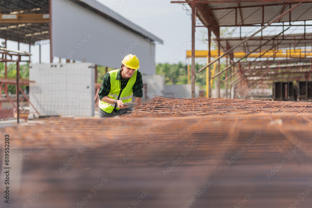 Engineer man checking inventory in the precast concrete factory site ...
