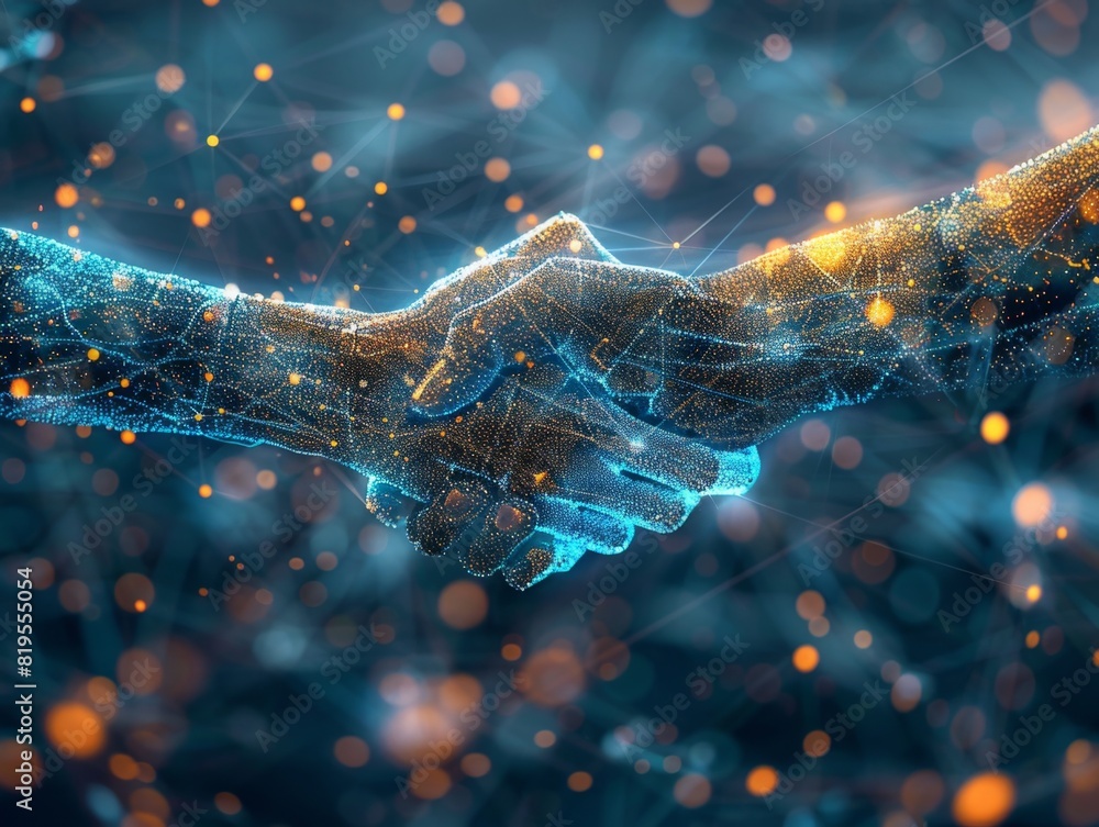 Futuristic digital handshake representing technology, collaboration, and network connections ...