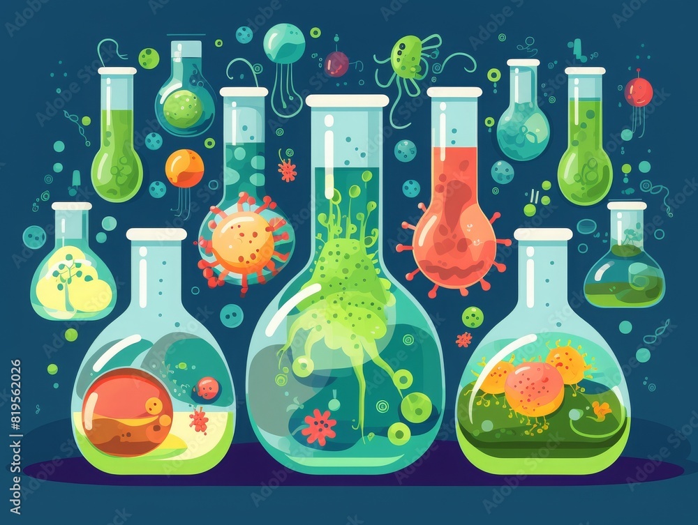 Colorful laboratory glassware with various microorganisms in test tubes ...