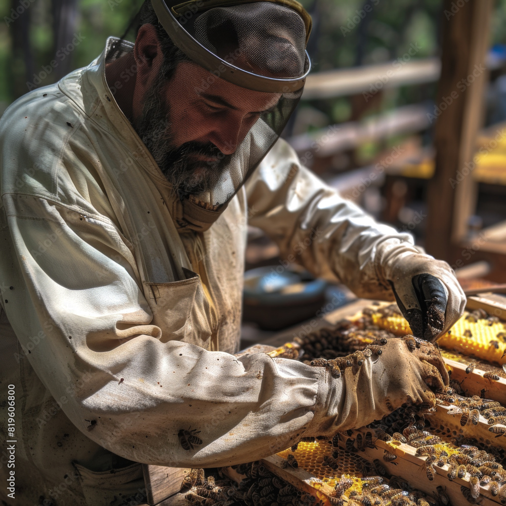 A beekeeper crafting educational signage for an apiary tour, designed ...
