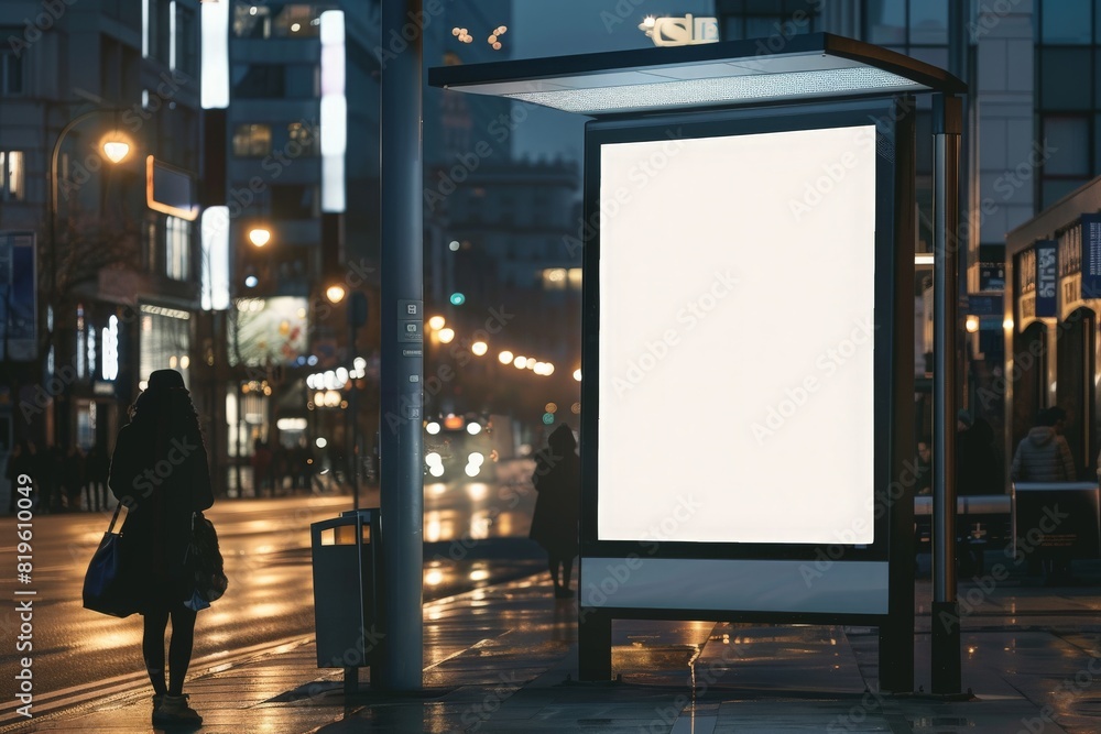 Blank vertical advertising poster banner mockup at bus stop shelter by ...