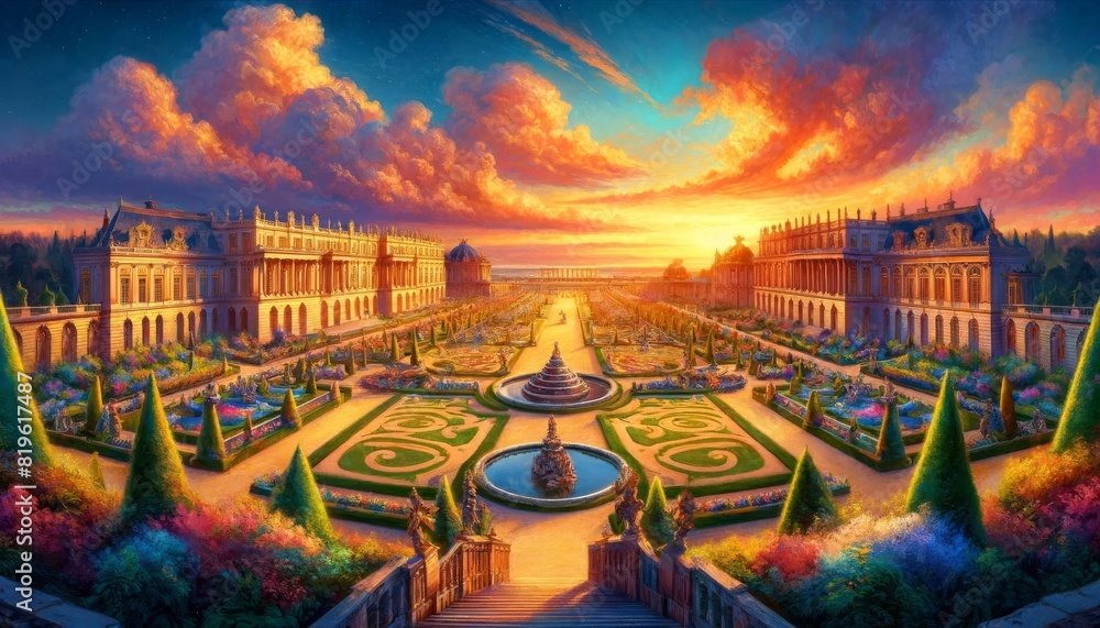 Palace of Versailles at sunset, the grand architecture is beautifully ...