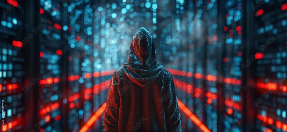 Stock-Illustration „Cybersecurity vulnerability hacker, coding, malware concept. Hooded computer ...