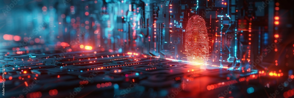 Fingerprint scan provides security access with biometrics identification. Futuristic Technology ...