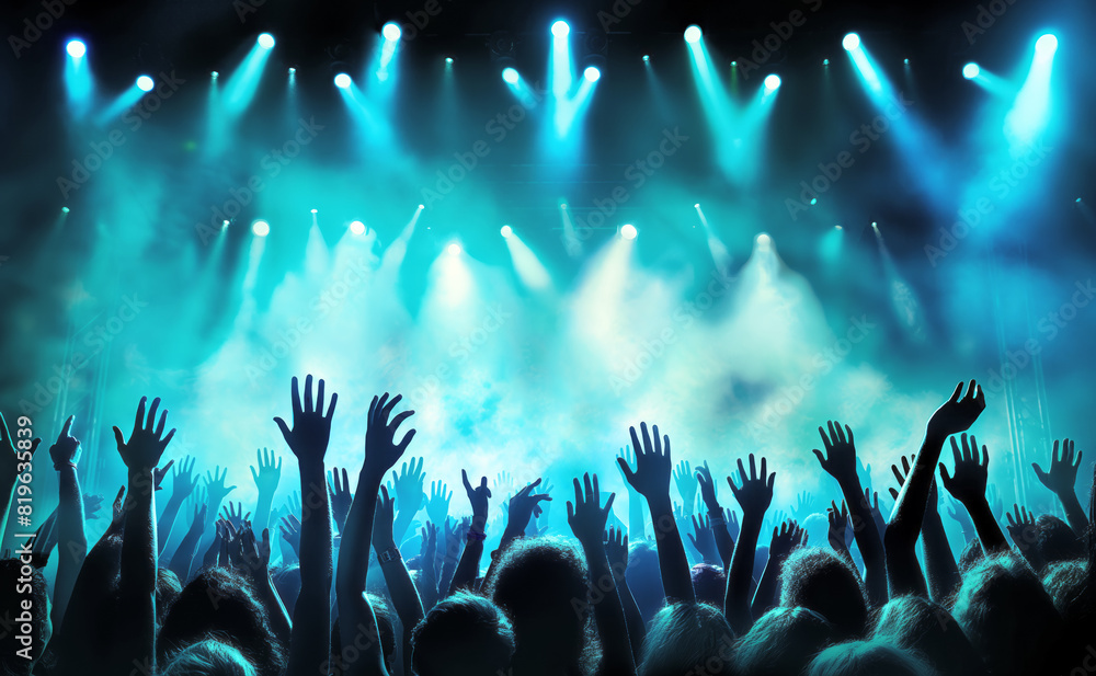 Silhouetted concert crowd with raised hands under blue stage lights ...