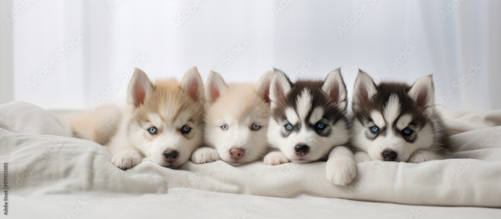 Siberian Husky puppies are shown in the image on a white plaid ...