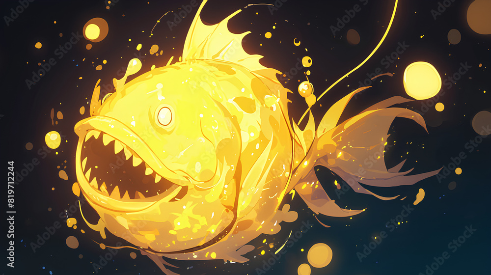 cute kawaii yellow lamp anglerfish on black background Stock ...