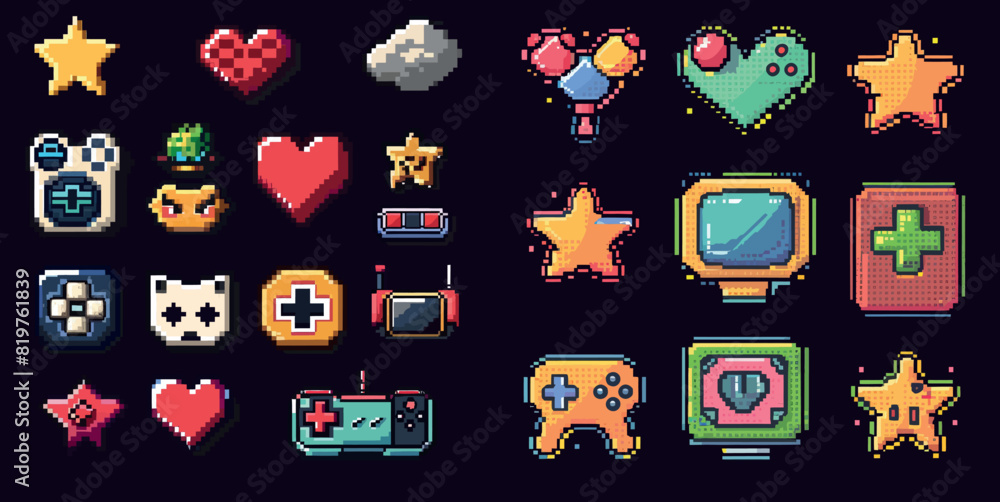 Retro video game icon, arcade button, digital console 8-bit interface ...