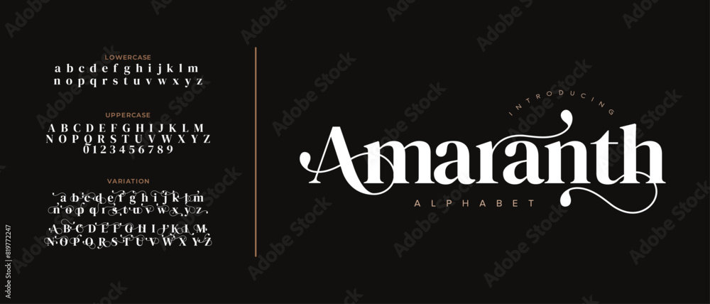 Amaranth elegant font alphabet uppercase lowercase and number. Classic lettering minimal fashion ...