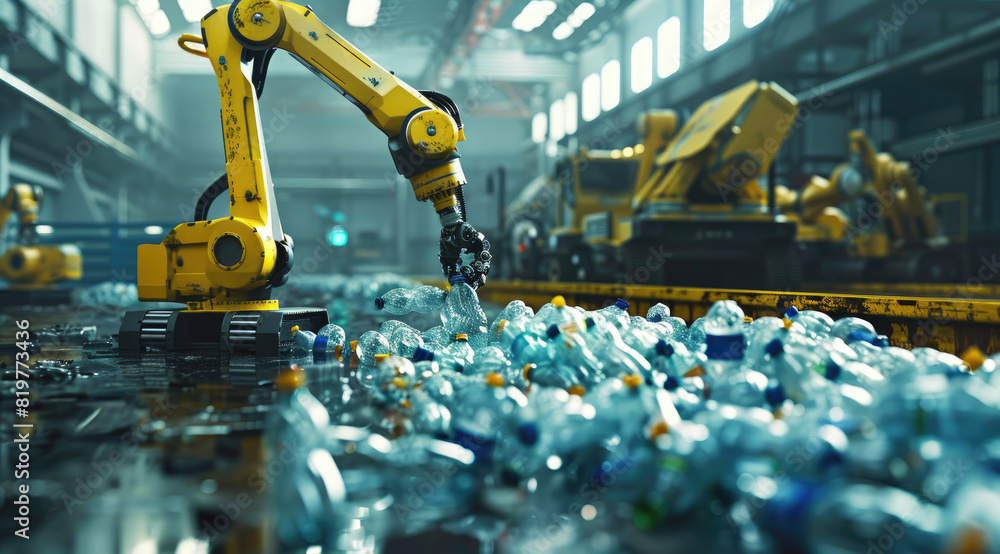 A robotic arm is picking up plastic bottles from the floor of an ...