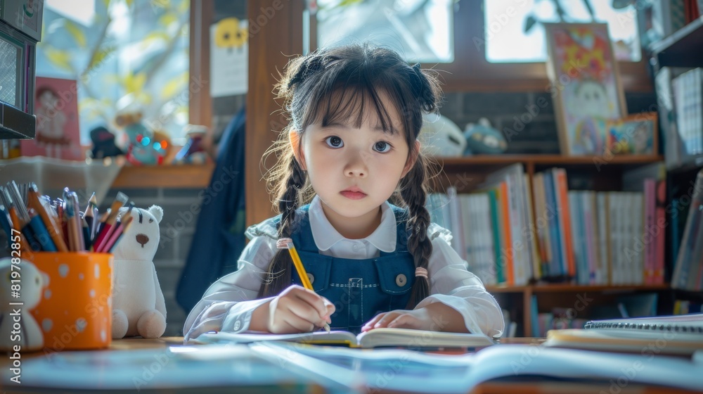 Young Girl in Beijing East Village-Inspired Study Room, Writing at Desk ...