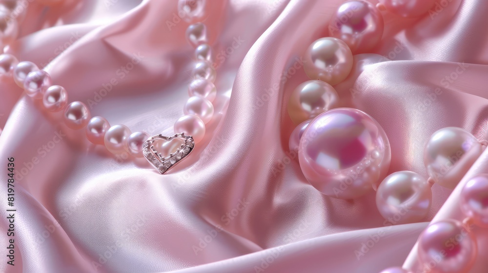 Several pink pearls on the maximum white silk canvas, background ...