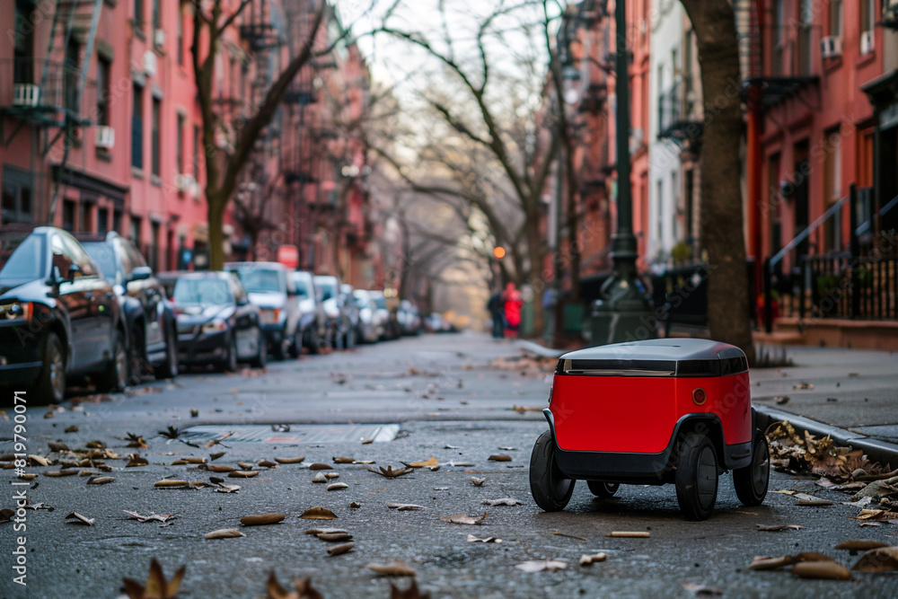 Autonomous red delivery robot navigating through city street during ...