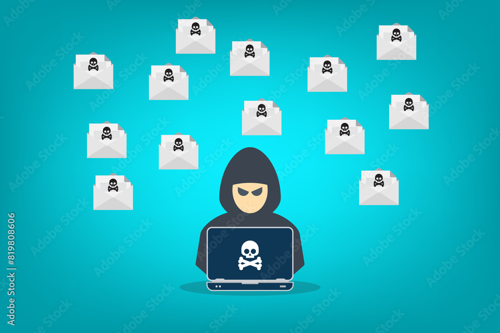 Hacker with laptop computer stealing confidential data, personal ...