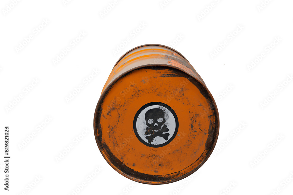 Barrel with toxic waste. Biohazard warning sign human skull with two ...