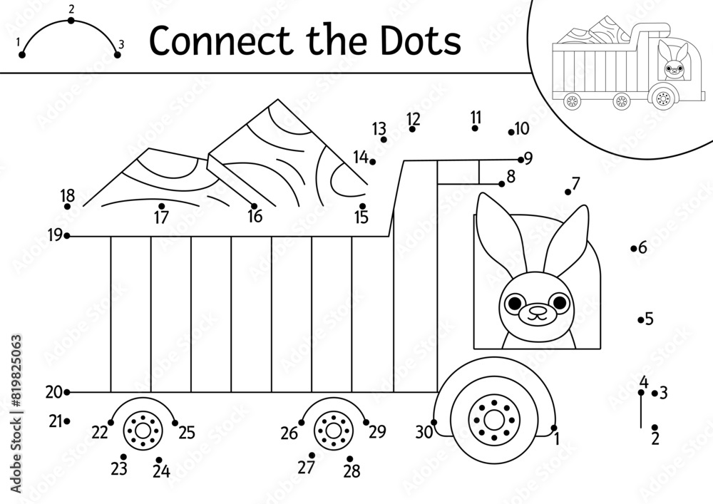 Vector construction site dot-to-dot and color activity with truck, hare ...