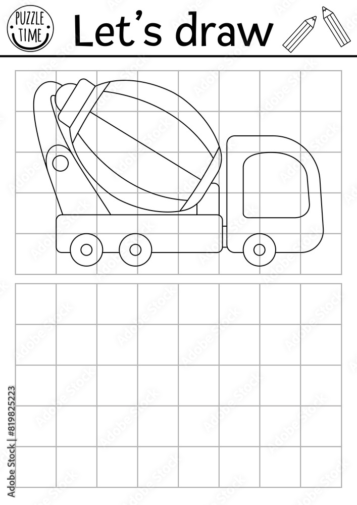 Draw the concrete mixer. Vector construction site drawing practice ...