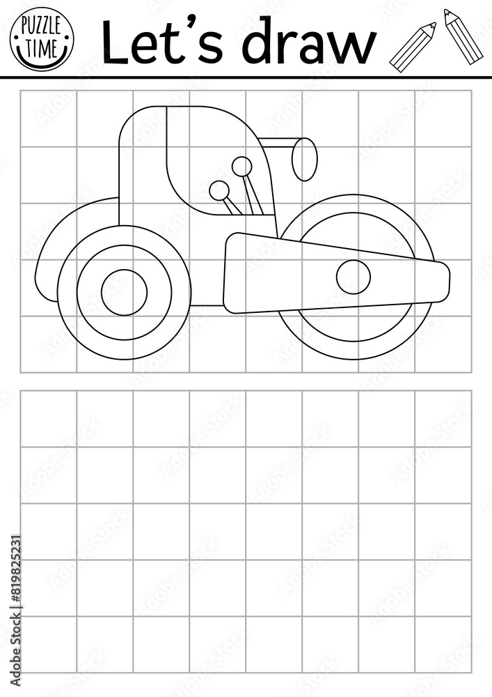 Draw the road roller. Vector construction site drawing practice ...