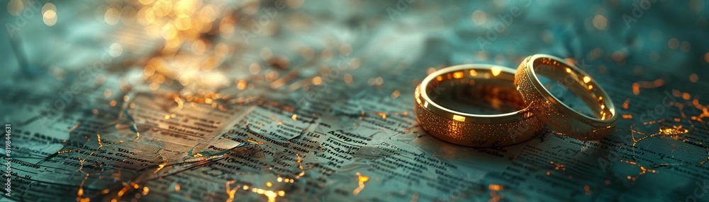 Wedding rings on legal paperwork, background of shattered glass ...