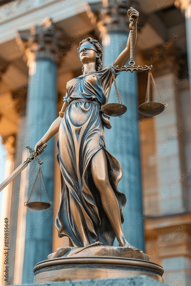An image of Lady Justice statue holding scales and a sword, standing in ...