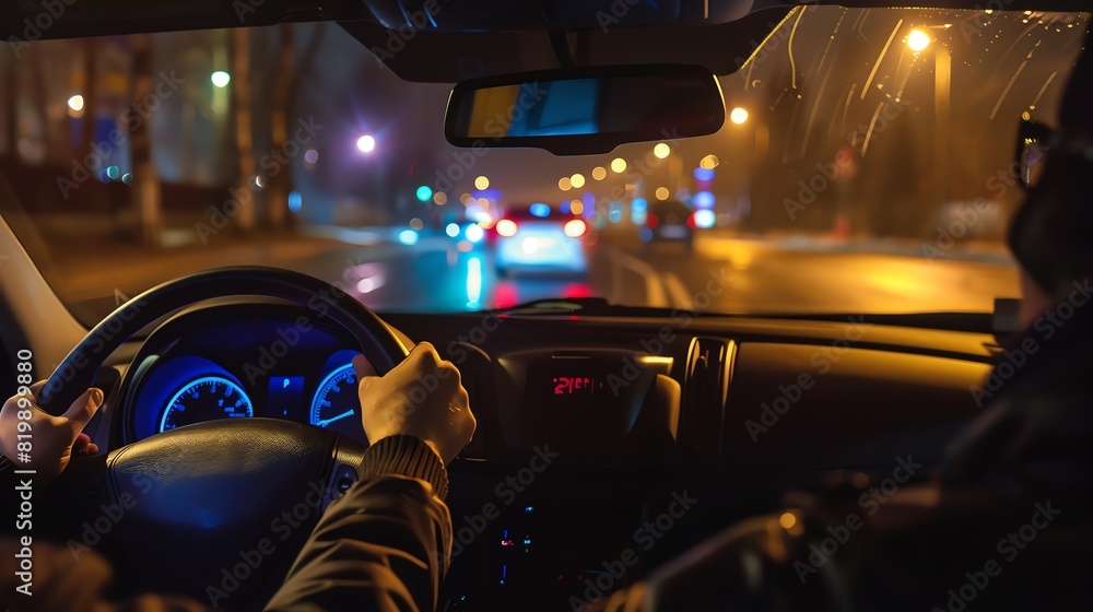 Night driving scene from inside a car, with illuminated dashboard and ...
