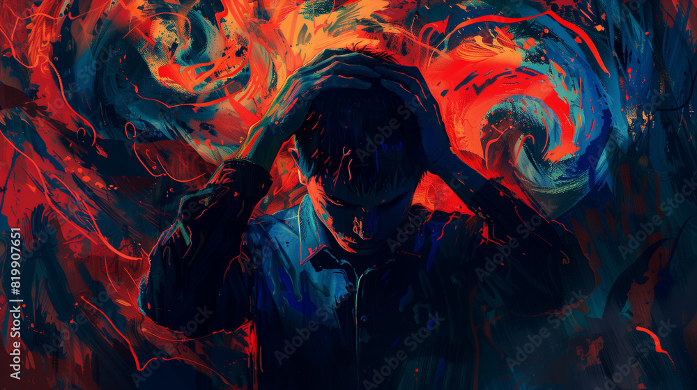 Abstract art, person with head in hands in emotional distress or ...
