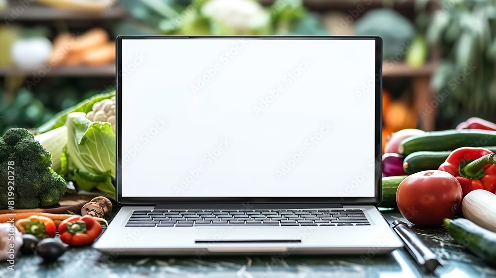 Laptop computer with mockup white screen on vegetarian healthy food ...