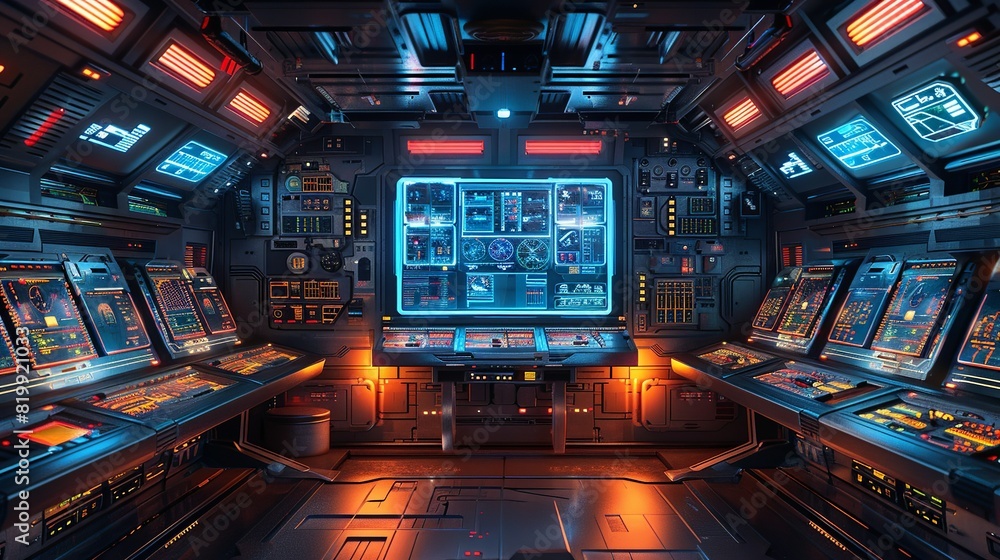 Sci-fi technology background image, Advanced control room with a ...