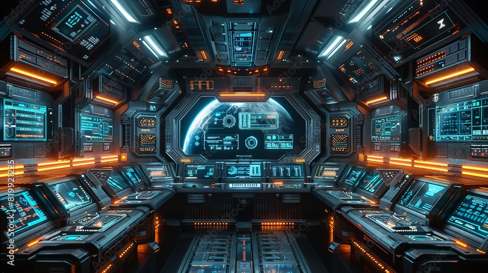 Sci-fi technology background image, Control room with an array of ...
