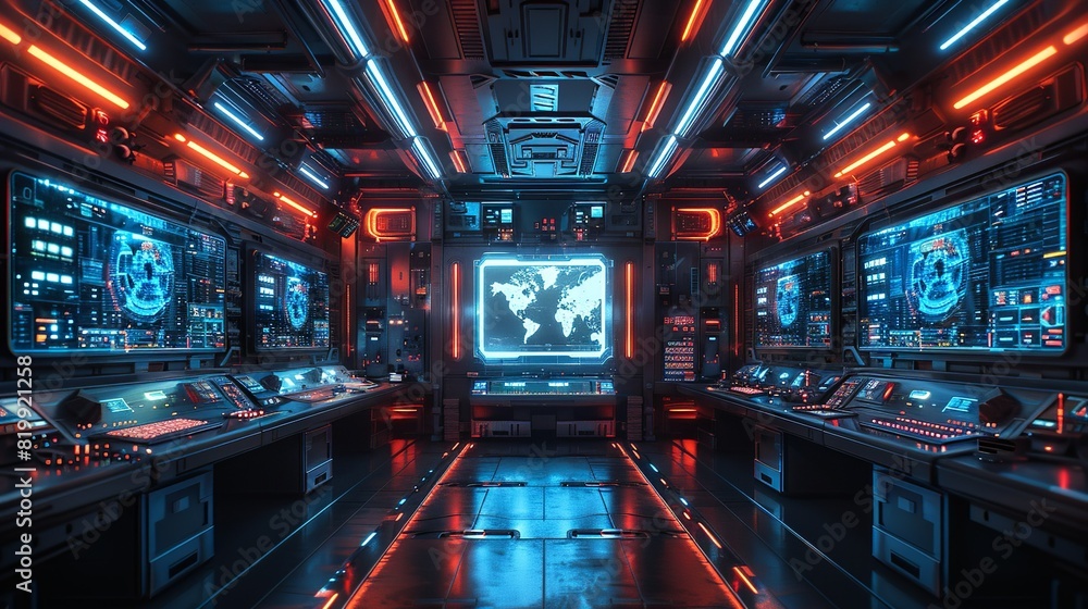 Sci-fi technology background image, Control room with an array of ...